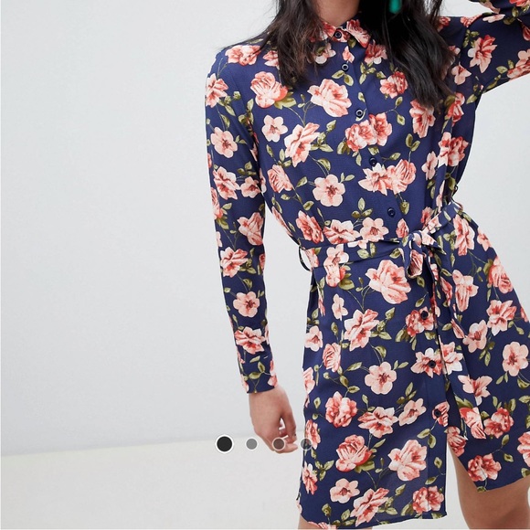 ASOS | Dresses | Navy Blue With Pink Flowers Longsleeve Buttonup Shirt ...